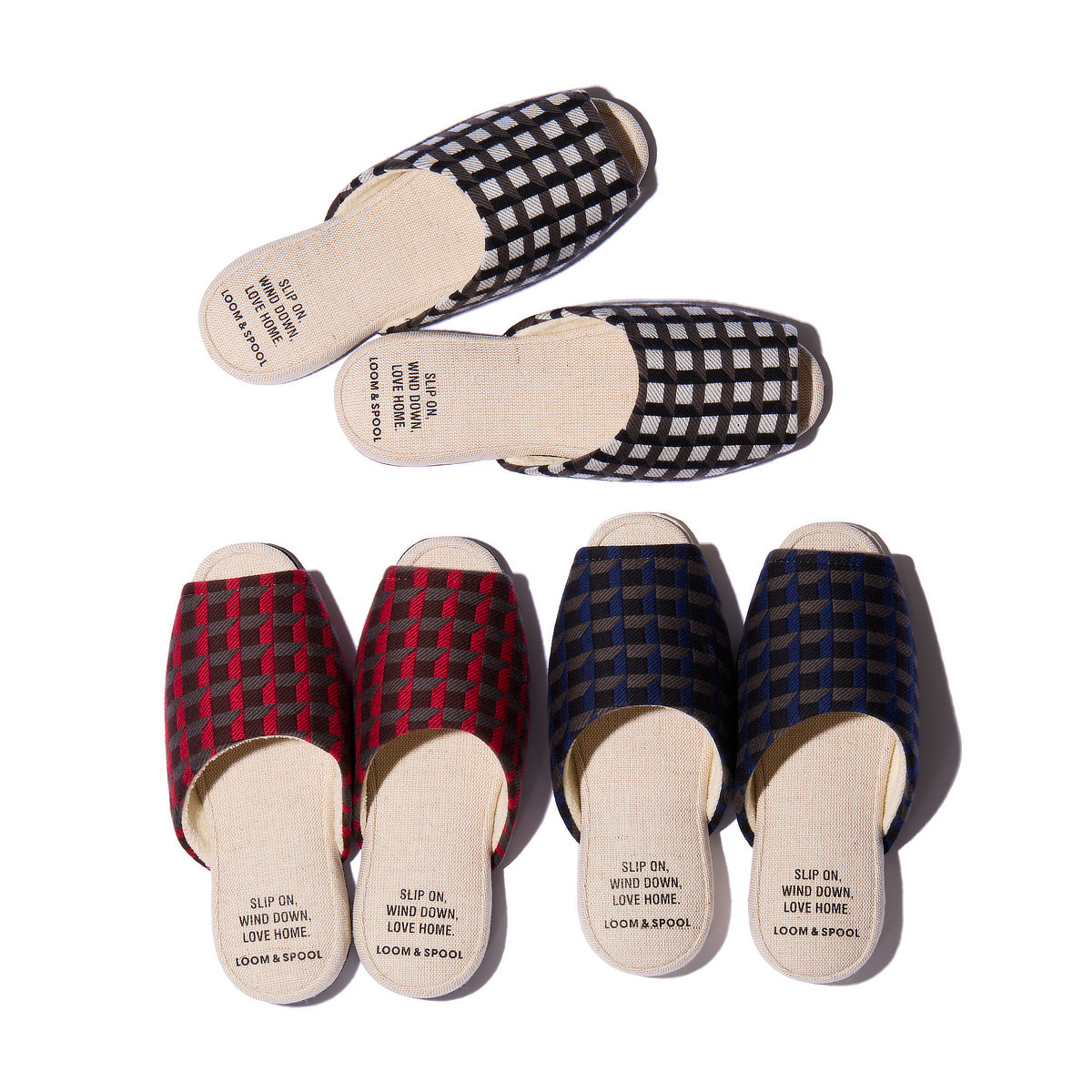 《幾何学柄／前あきスリッパ》しっかりホールド、素足サラサラの「播州織スリッパ」｜LOOM&SPOOL | MONOCO